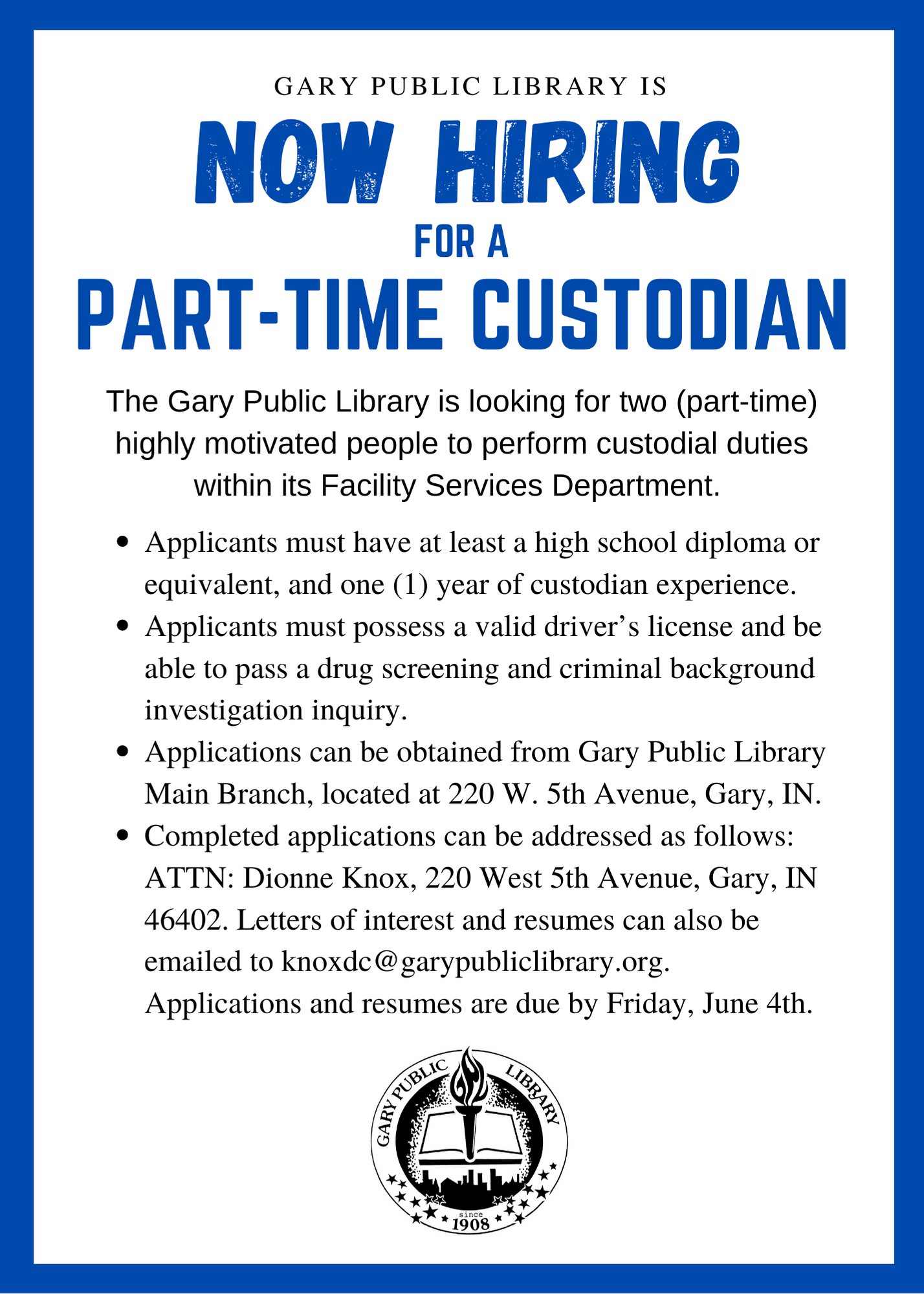 Now Hiring - Part Time Custodian | Gary Public Library